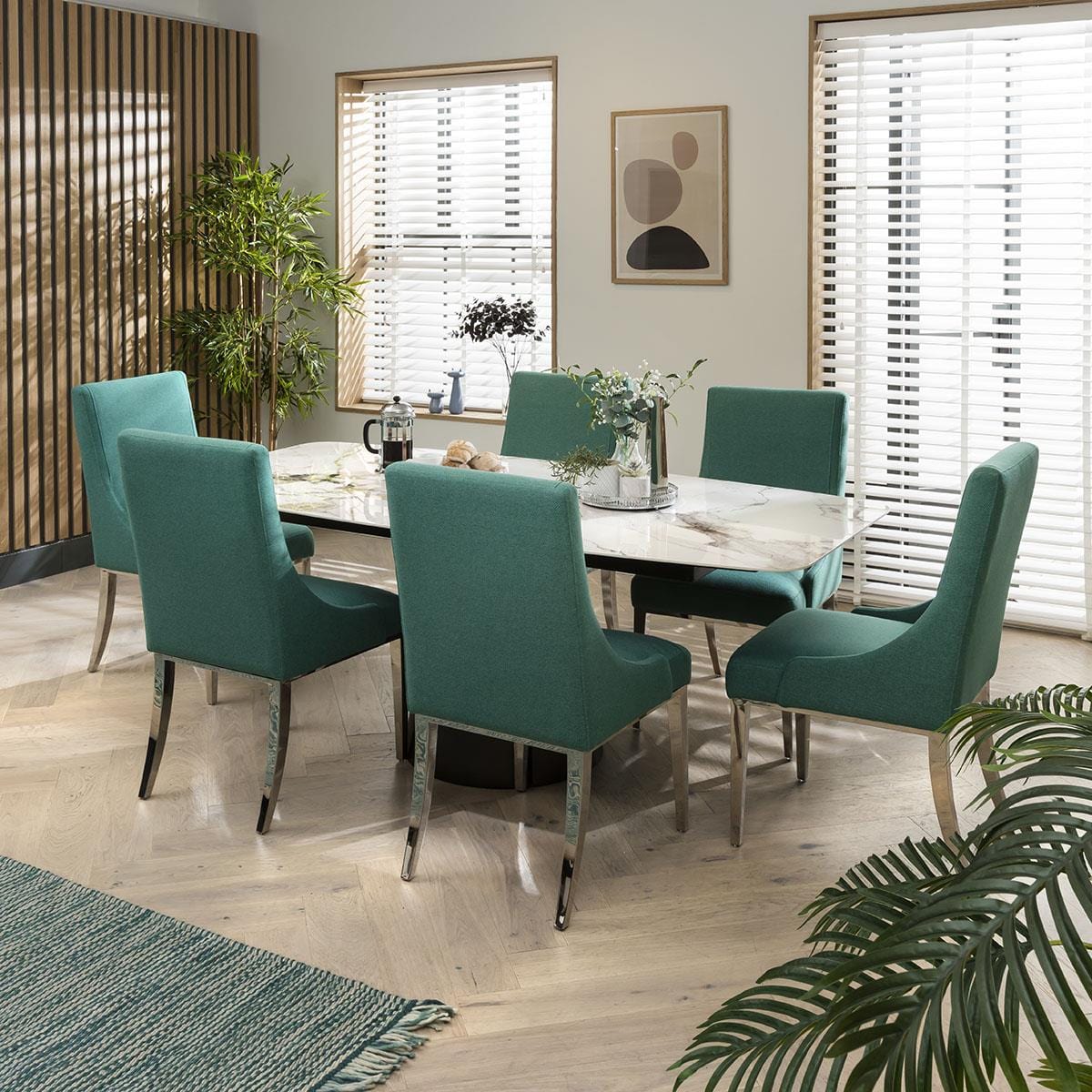 Set of 2 Elegant High Back Dining Chairs Green Fabric - Polished Metal ...