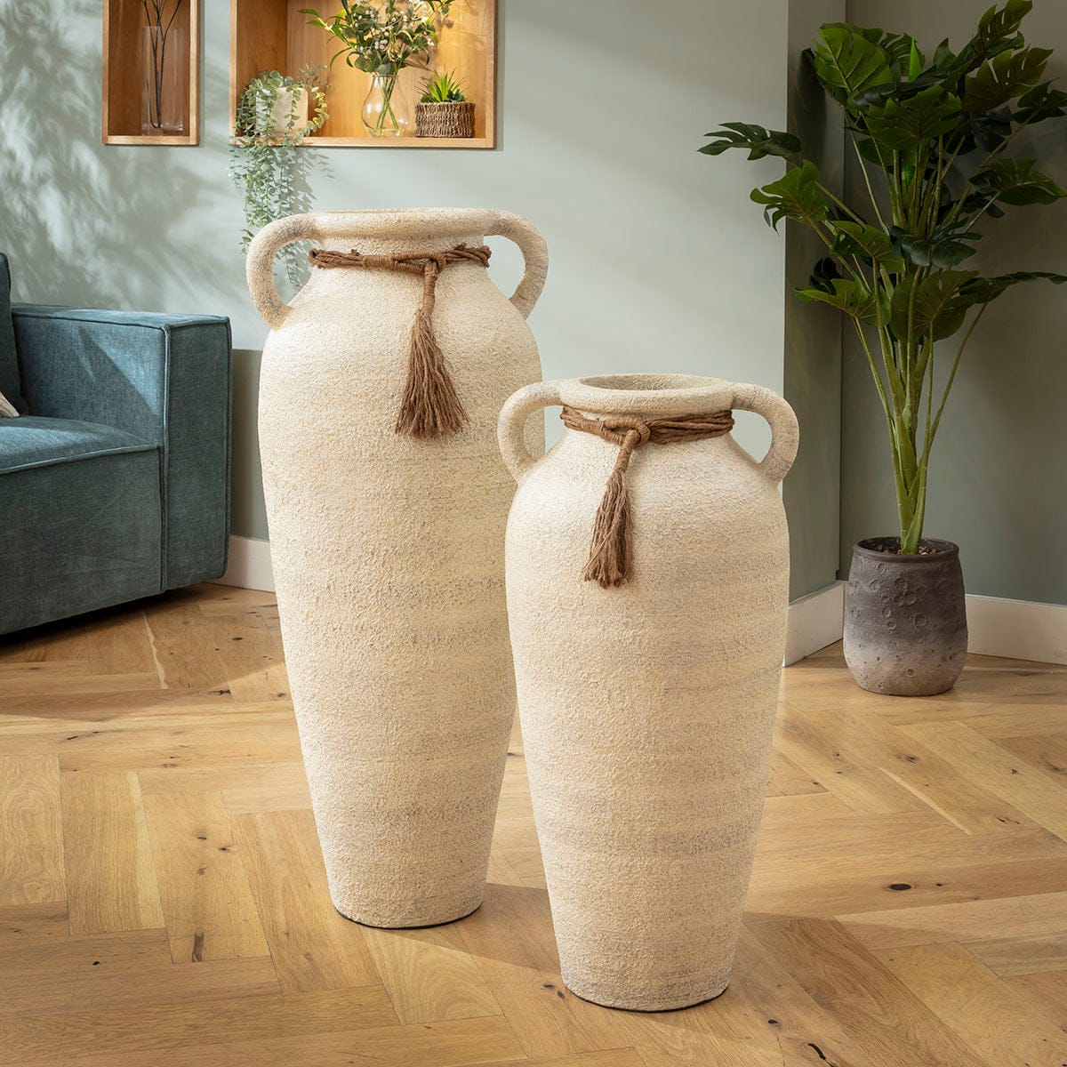 Set of 2 Large Floor Standing Decorative Indoor Pots Vases White Sand ...