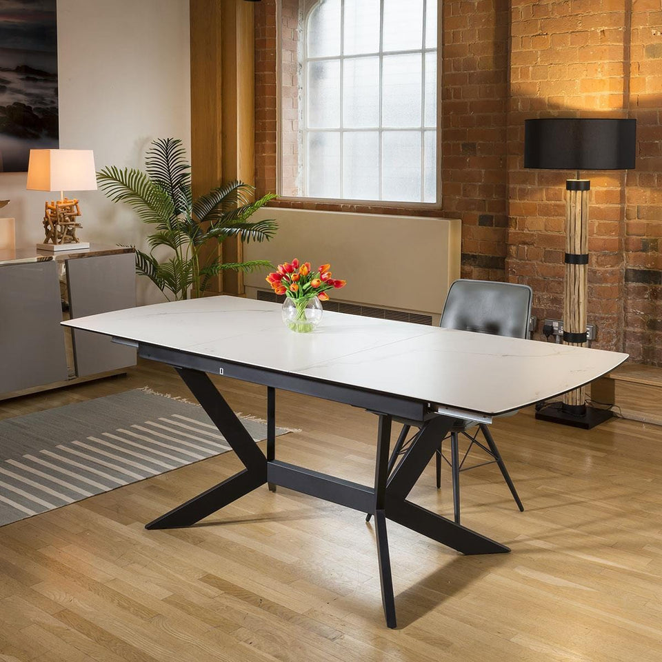 White Ceramic Extending Table & Pink Swivel Chairs - 6 Seater Dining S ...